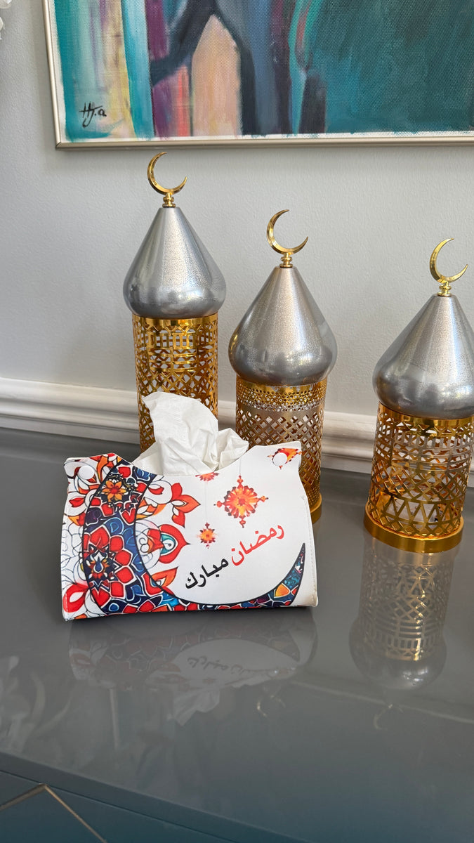 Tissue box cover designed with Arabic Calligraphy مضان مبارك – Rana & Ali